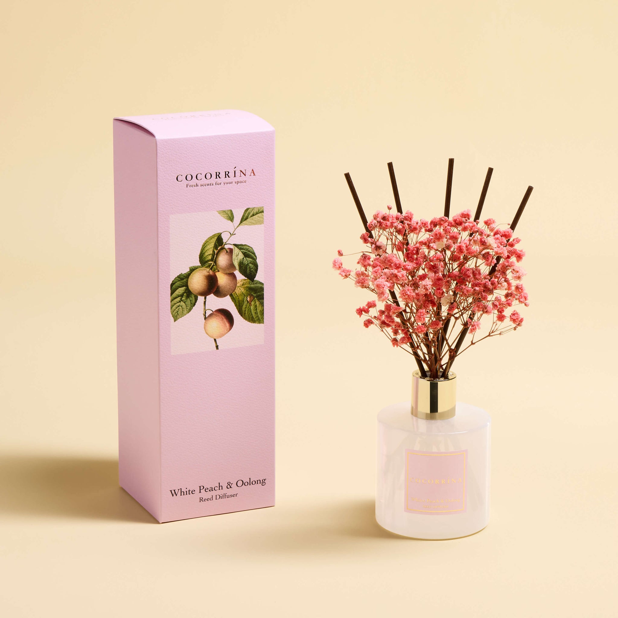 Cocorrína White Peach& Oolong Reed Diffuser Set w Preserved Baby's Breath