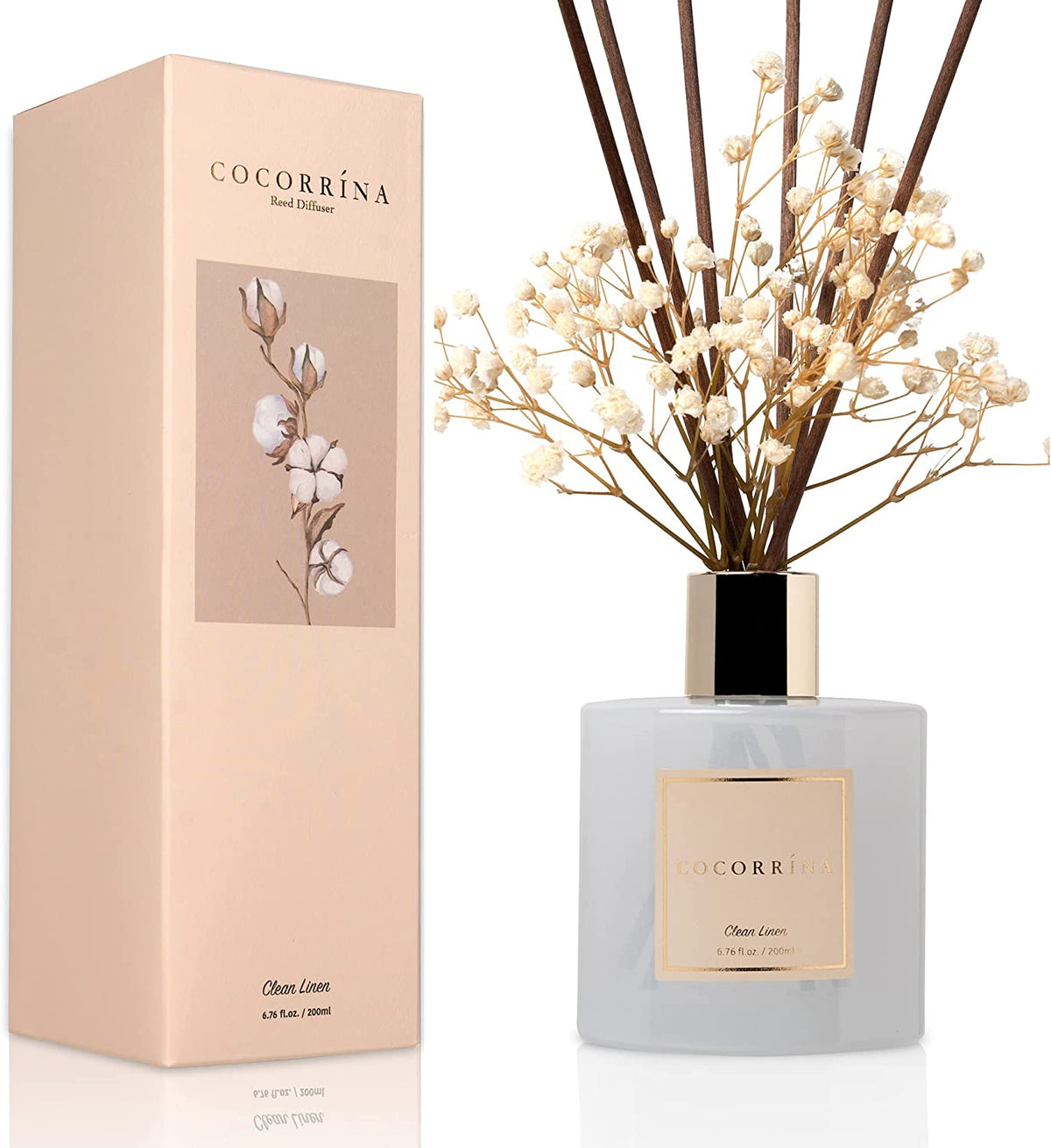 Cocorrína Clean Linen Reed Diffuser Set w Preserved Baby's Breath