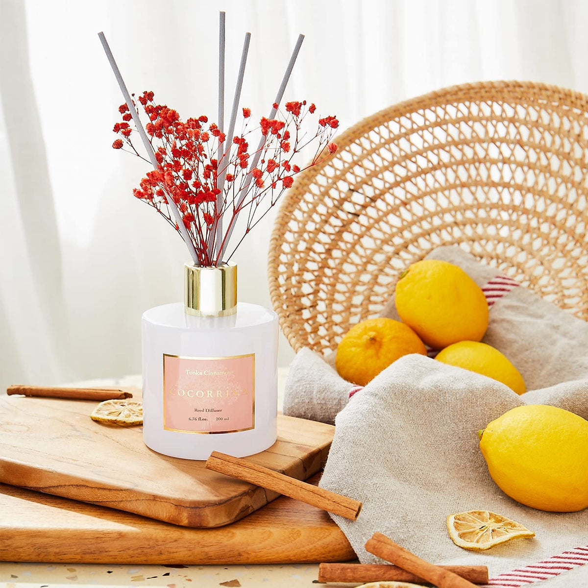Cocorrína Sandalwood Rose Reed Diffuser Set w Preserved Baby's Breath
